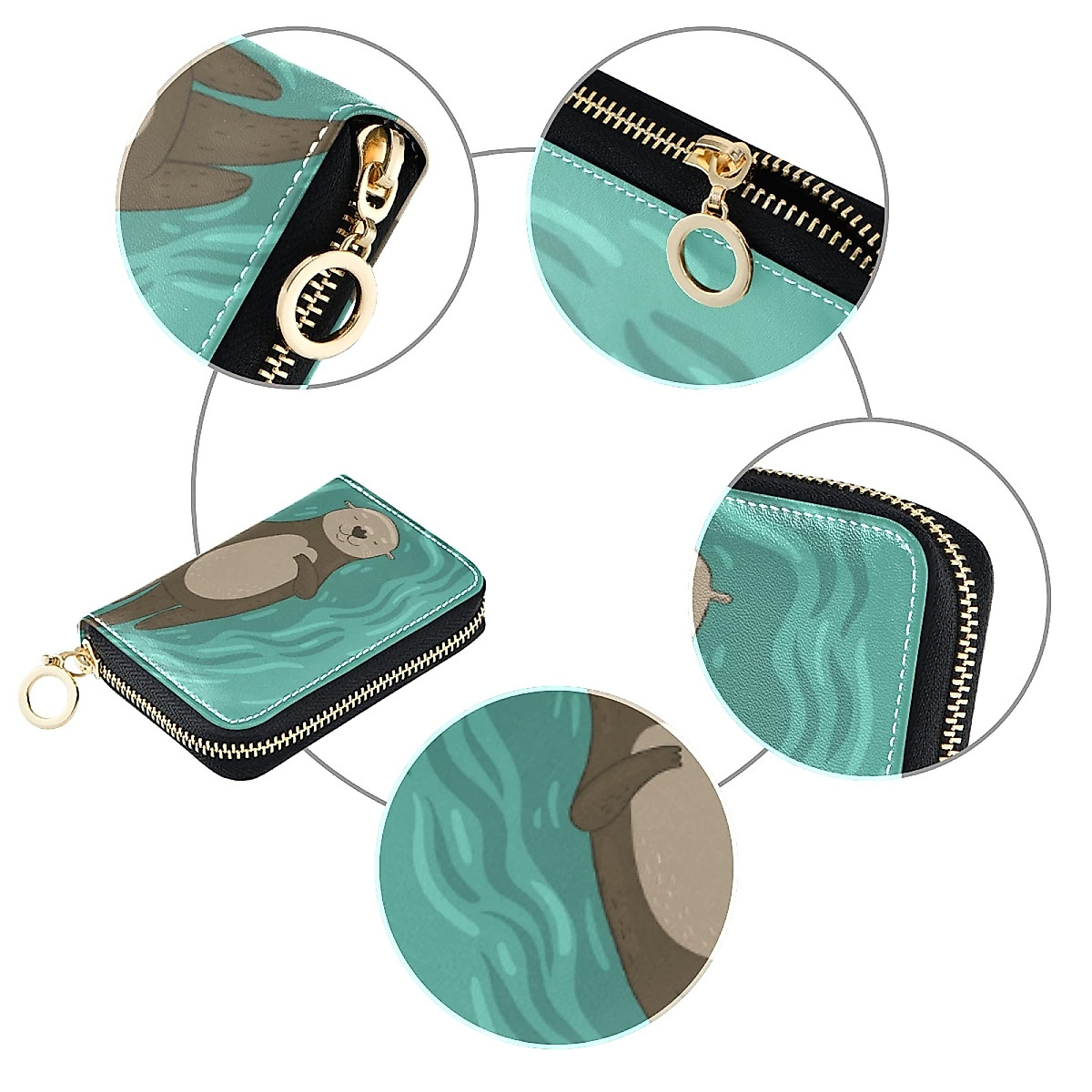Heart Shaped Sea Otters in Love with You On Turquoise WaterGrey Credit Card Coin wallet, RFID Blocking Compact Women Leather Card Holder, Key Change Organizer, Zipper Purse Clutch Pouch Pocket