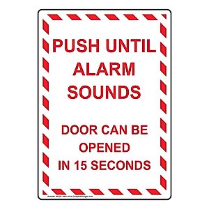 ComplianceSigns.com Vertical Push Until Alarm Sounds Door Can Be Opened in 15 Seconds Label Decal, 5x3.5 in. 4-Pack Vinyl for Enter/Exit