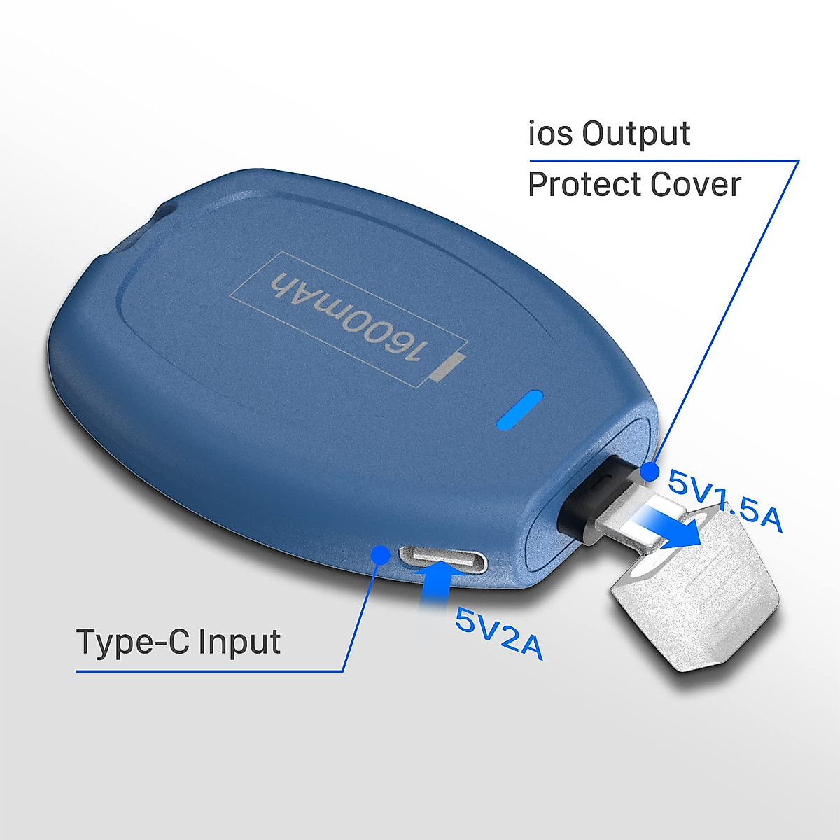 Keychain Portable Charger for iPhone, Mini Power Bank Subcompact Emergency Power Pod External Fast Charging Battery Pack, 1600mAh Key Ring Charger for iPhone 14/13/12/11/Pro Max/X/8/7/6s/SE (Blue)