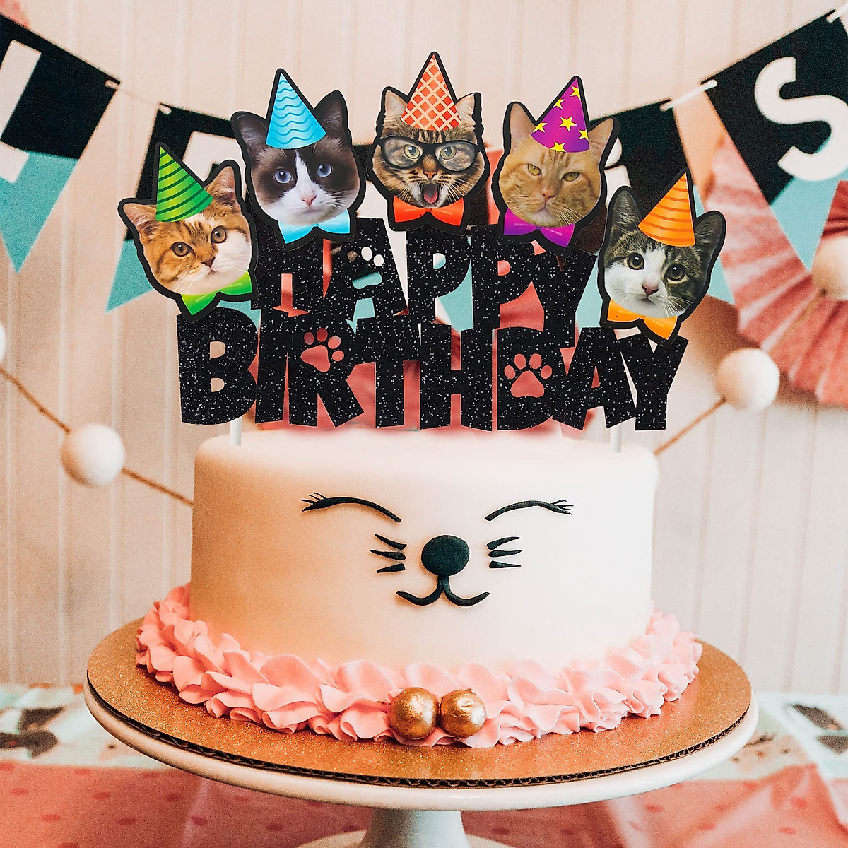 Cat Happy Birthday Cake Topper Cat Theme Party Cake Decoration for Meow Kitty Cat Birthday Party Baby Shower Supplies