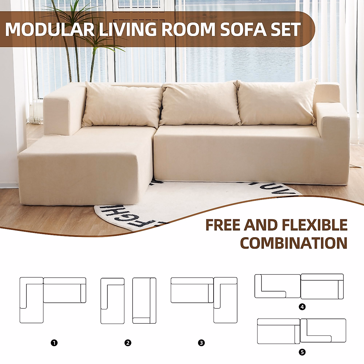 GM Ultra Modular Sectional Sofa, Sectional Couch for Living Room, Modern Modular L-Shape Sectional Sofa with Chaise Lounge, Corner Sofa Couch, Sectional Sofa Set for Bedroom, Apartment, Light Khaki