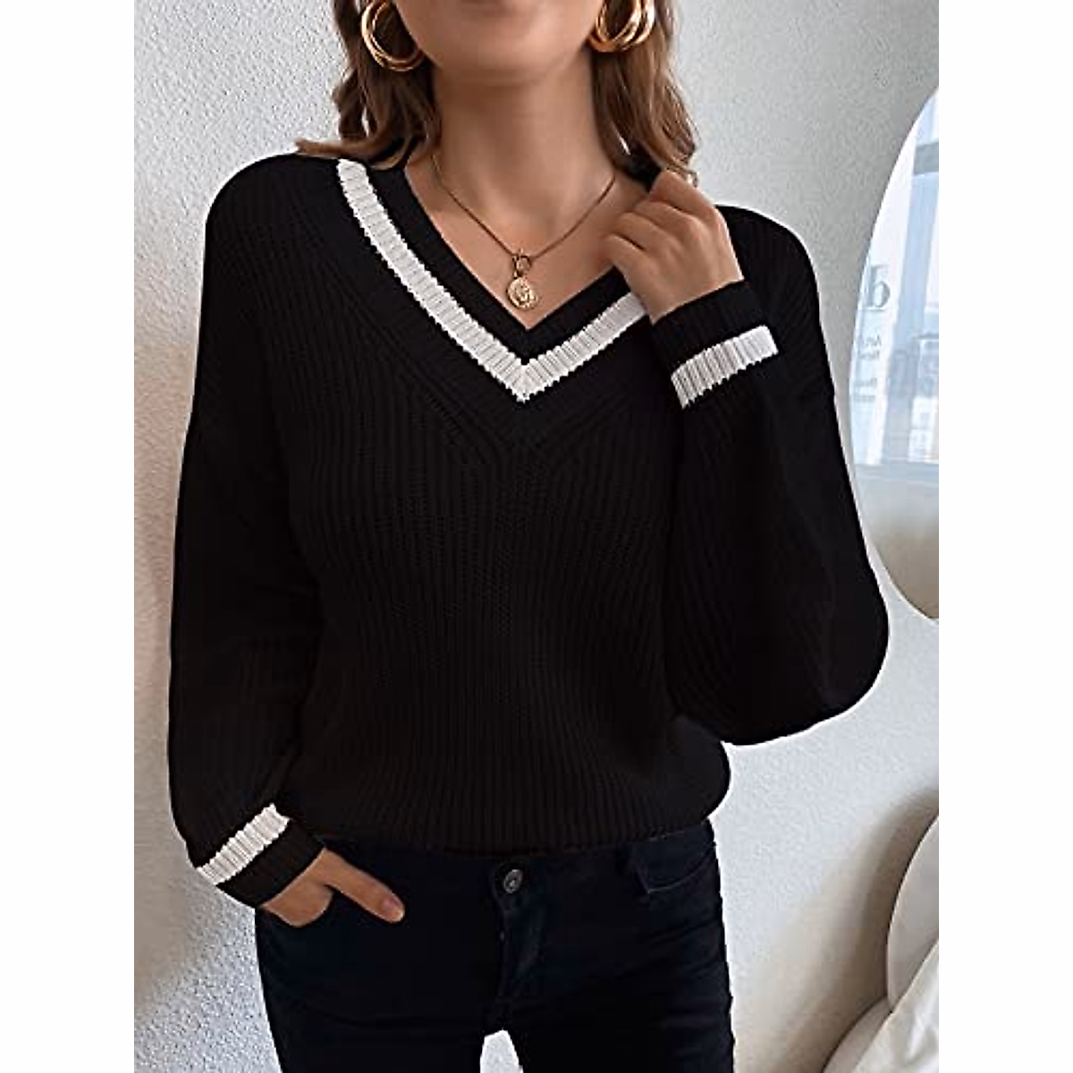 Verdusa Women's Ribbed Knit Drop Shoulder Sweater V Neck Long Sleeve Pullovers Black M
