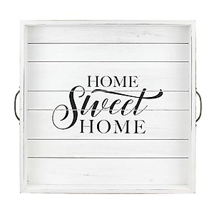 Stonebriar Square Worn White Home Sweet Home Decorative Wooden Tray with Metal Handles