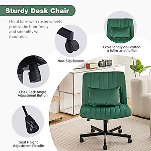 Criss Cross Chair, Office Chair Cross Legged with Wheels, Armless Office Chair, Velvet Desk Chairs with Wheels for Home Office, Meditation, Makeup (Velvet Green)