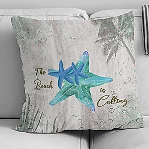 WoGuangis Beach House Throw Pillow Cushion The Beach is Calling Starfish White Linen Pillow Covers Starfish Sea Life Farmhouse Toss Pillows with Zippe for Sofa Living Room 20x20in Housewarming Gift