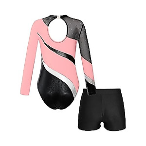 Jizyo Kids Girls Rhinestone Ballet Dance Outfits Long Sleeve Gymnastic Leotard with Booty Shorts Set Gym Biketard Tracksuit Pink A 8 Years