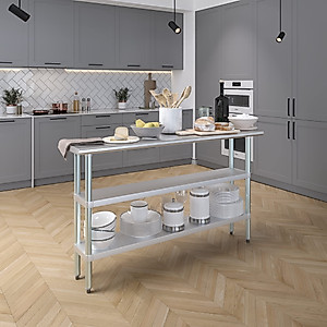 60" Long X 14" Deep Stainless Steel Work Table with 2 Shelves | Metal Food Prep Station | Commercial & Residential NSF Utility Table