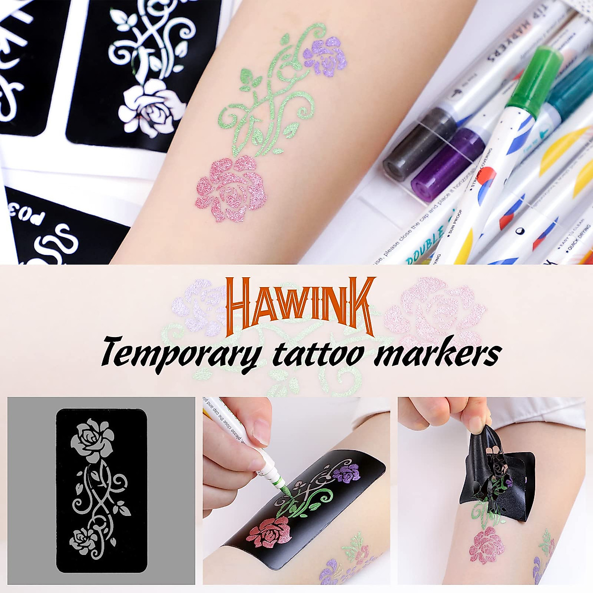 HAWINK Temporary Tattoo Markers for Skin, 10 Body Markers + 56 Large Tattoo Stencils for Kids and Adults, Dual-End Tattoo Pens Make Bold and Fine Lines with Cosmetic-Grade Tattoo Ink ZYH2208001KIT