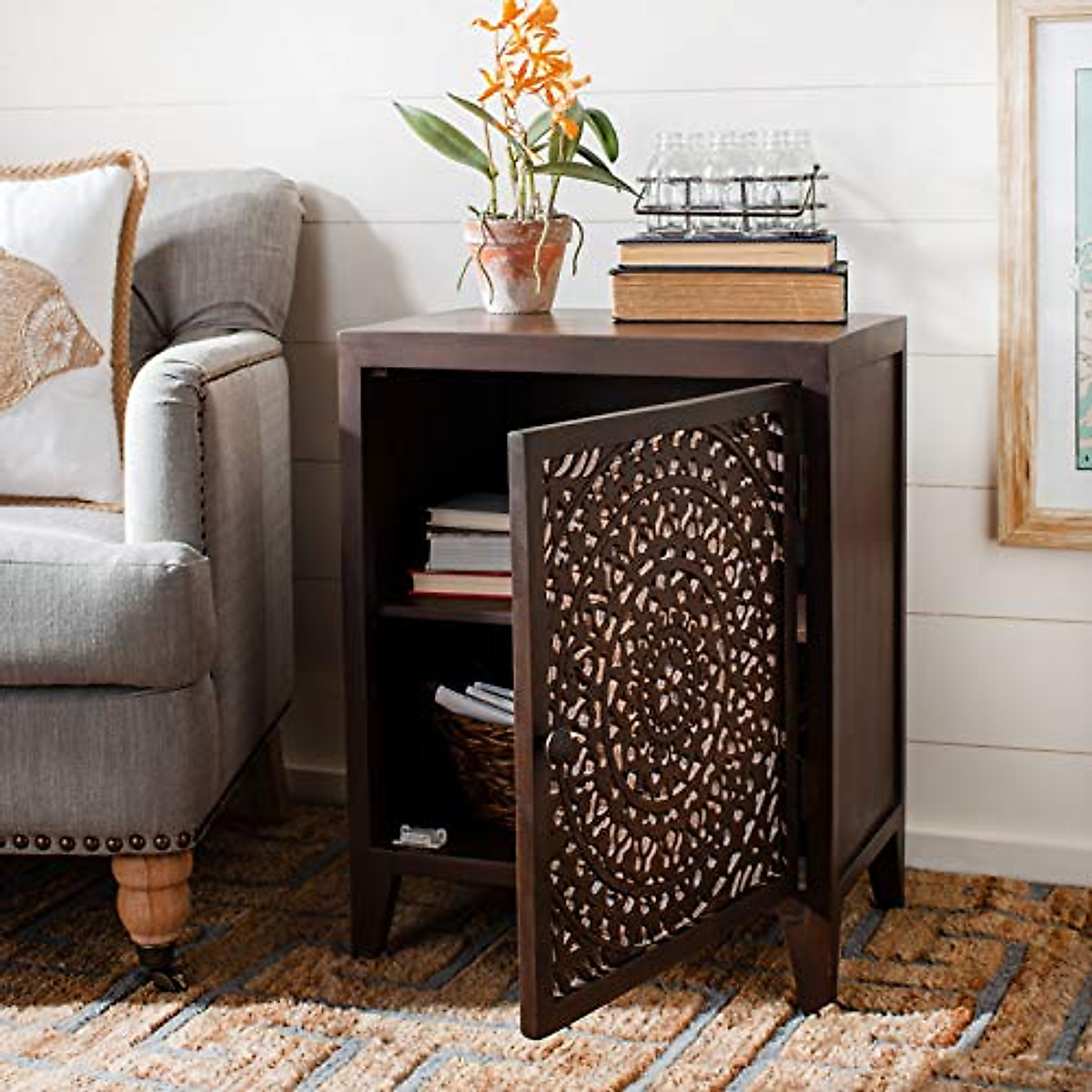 Safavieh Home Thea Brown 1-door Carved Mandala Nightstand