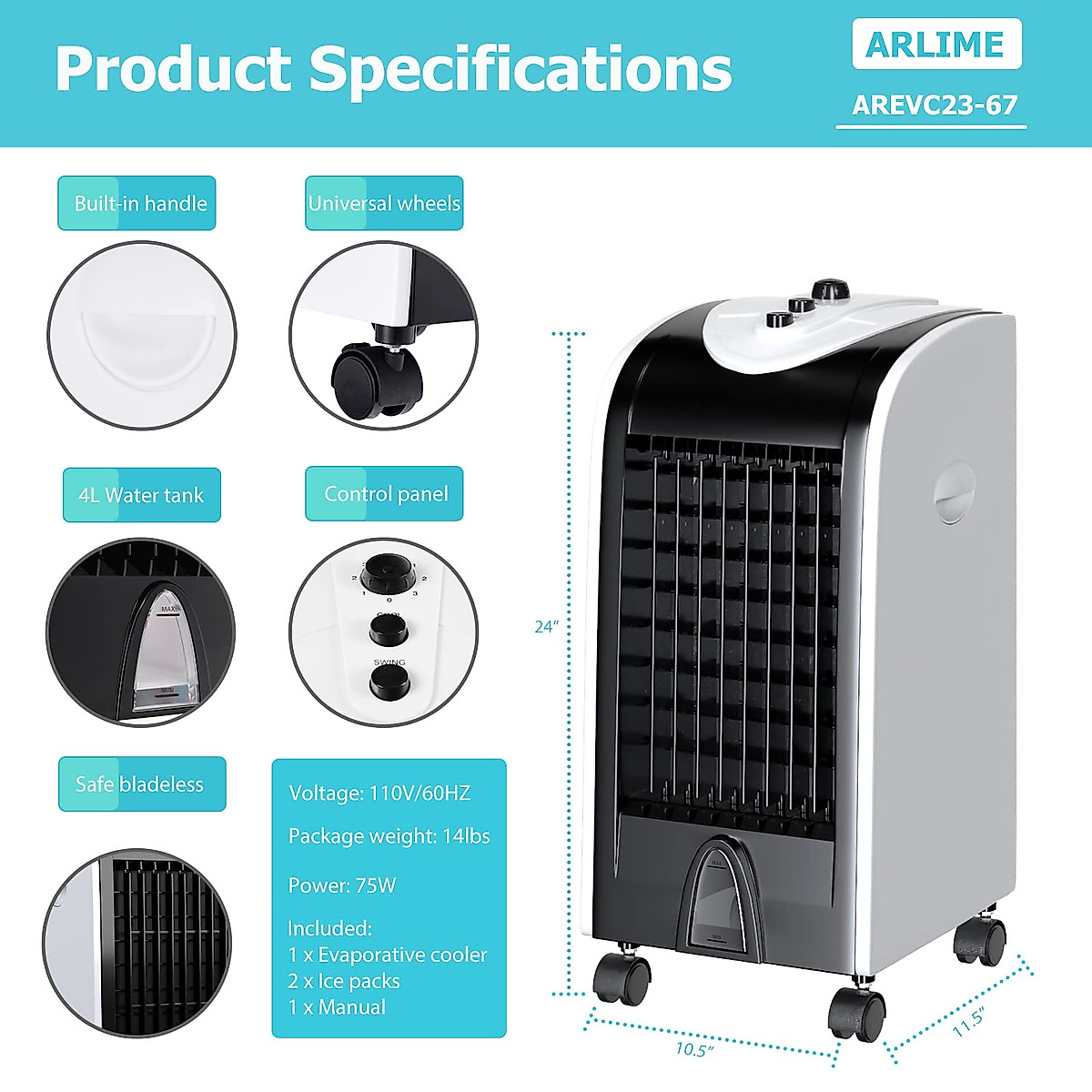 ARLIME Evaporative Air Cooler, Windowless Swamp Cooler Fan & Humidifier with 3 Modes, 3 Speeds, 2 Ice Boxes, 7.5h Timer, Now-Noise, Portable Air Conditioners for Bedroom, Living Room, Office