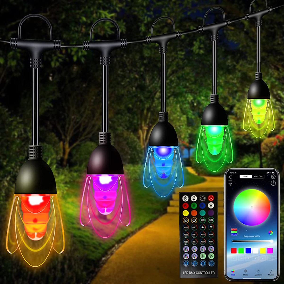 svaha Outdoor String Lights, 48FT RGBW Patio Lights App Control, USB Powered Color Changing Outdoor String Lights IP65 Waterproof with DIY and 210 Scene Modes, Dimmable and Connectable for Garden.