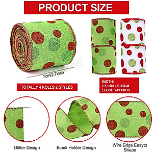 4 Rolls Christmas Ribbons Polka Dot Ribbon Wired Glitter Christmas Wired Ribbons Burlap Decorative Grinch Ribbons for DIY Craft Wreath Bows (Green, Red, 2.5 Inch x 6 Yard Per Roll)
