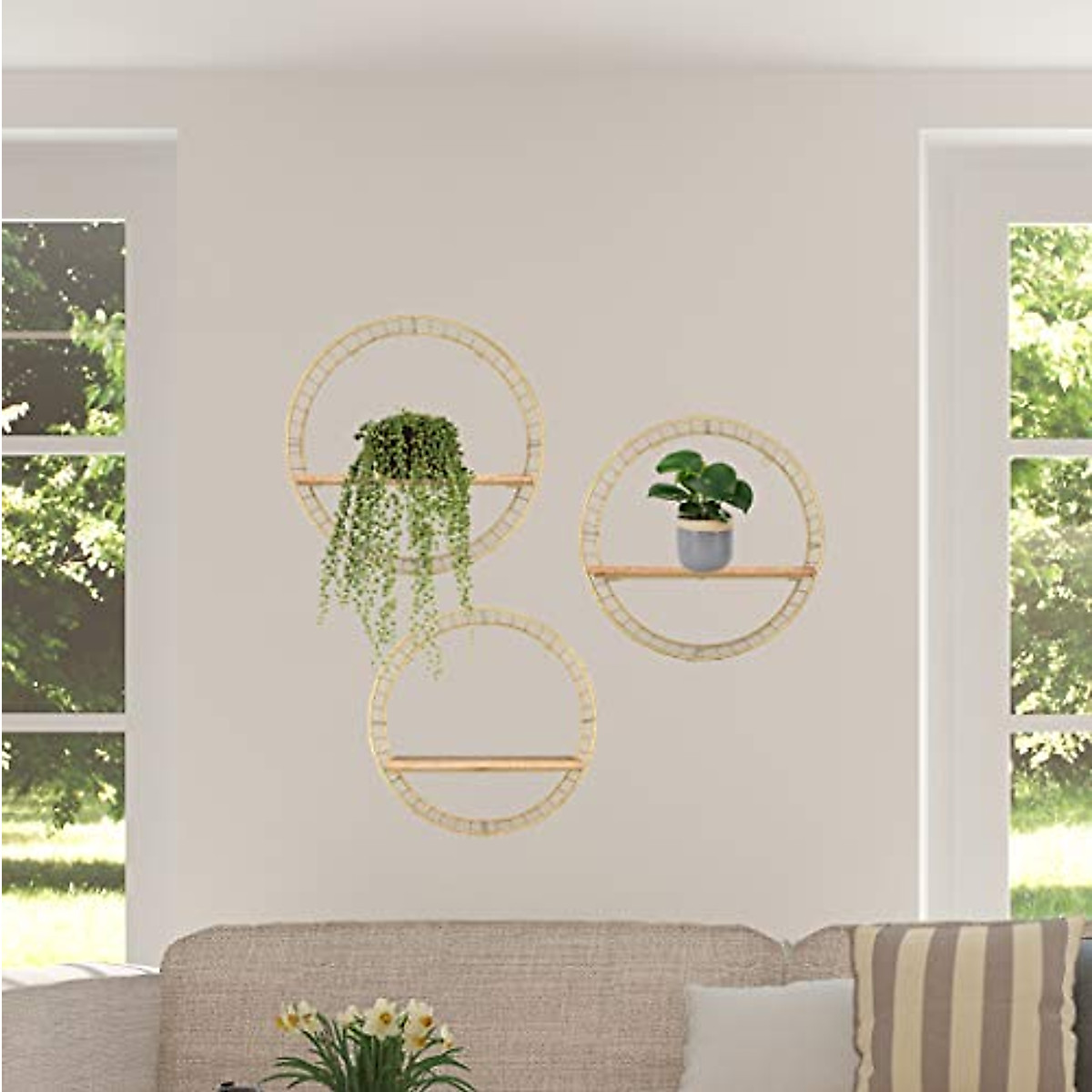 kimisty Set of 3 Gold Round Floating Shelves, Circular Wall Shelves as Boho Bathroom, Living Room, Kitchen & Bedroom Decor, Metal Wire Mesh Sconce Shelf, Circle Accent Display