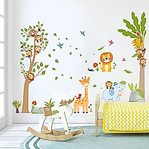 AnFigure Jungle Animal Wall Stickers Giraffe Elephant Lion Wall Decals Forest Monkey Tree Wall Stickers for Kids Girls Boy Baby Room Nursery Playroom Daycare Bedroom Kindergarten Wall Decor