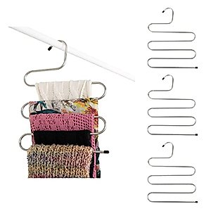 Smart Design Stainless Steel Pant Hangers - Set of 4 - Sturdy Space Saving 5-Tier S-Shape Rack - Metal Closet Organizer for Multiple Jeans, Clothes, Skirts, and Trousers Storage - Silver