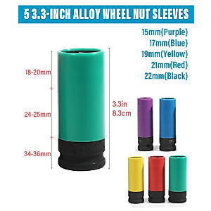 Zlirfy 5PCS 1/2 Inch Drive Impact Lug Nut Socket Set,Drive Deep Impact Socket,Car Accessories 15 17 19 21 22 MM Non-Marring Thin Wall Wheel Protector Nut Socket,Fit for 1/2" Drive Impact Wrench