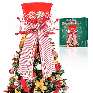 HMASYO Candy Cane Christmas Tree Topper, Large Red Tree Topper Hat with Candy Peppermint Bows Ribbon Ornament, Top Hat Christmas Tree Topper for Home Office Holiday Tree Decoration Xmas Gift