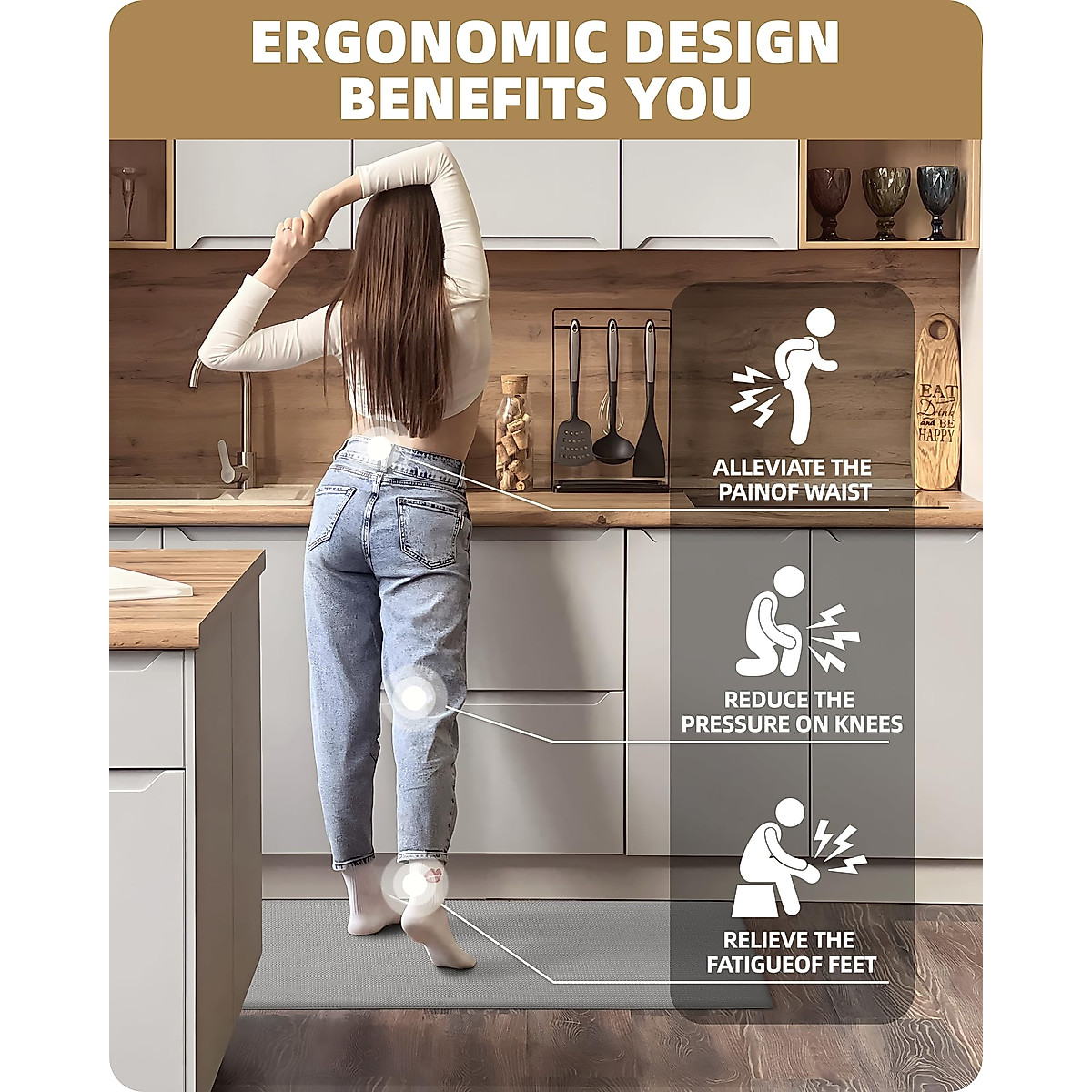 Color G Kitchen Rugs, Runner Cushioned Anti-Fatigue, Non Skid Waterproof Comfort Standing Floor Mats, Memory Foam, 17"x59", Grey