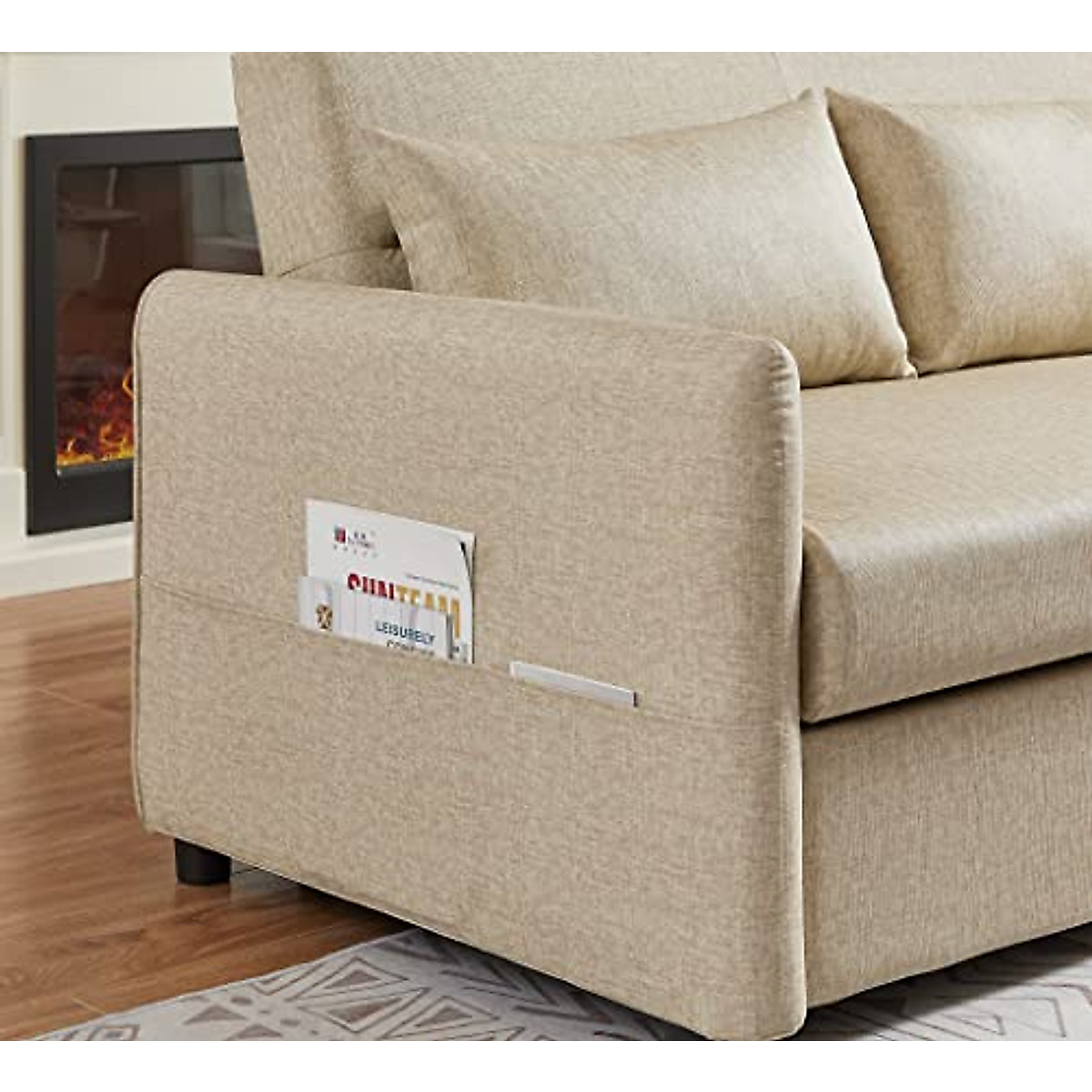 Melpomene Loveseat Sleeper Faux Leather Couch w/Pull-Out Bed and Adjustable Back, 57.1" Modern Convertible Sofa Bed w/ 2 Side Pockets and 2 Pillows (Khaki)