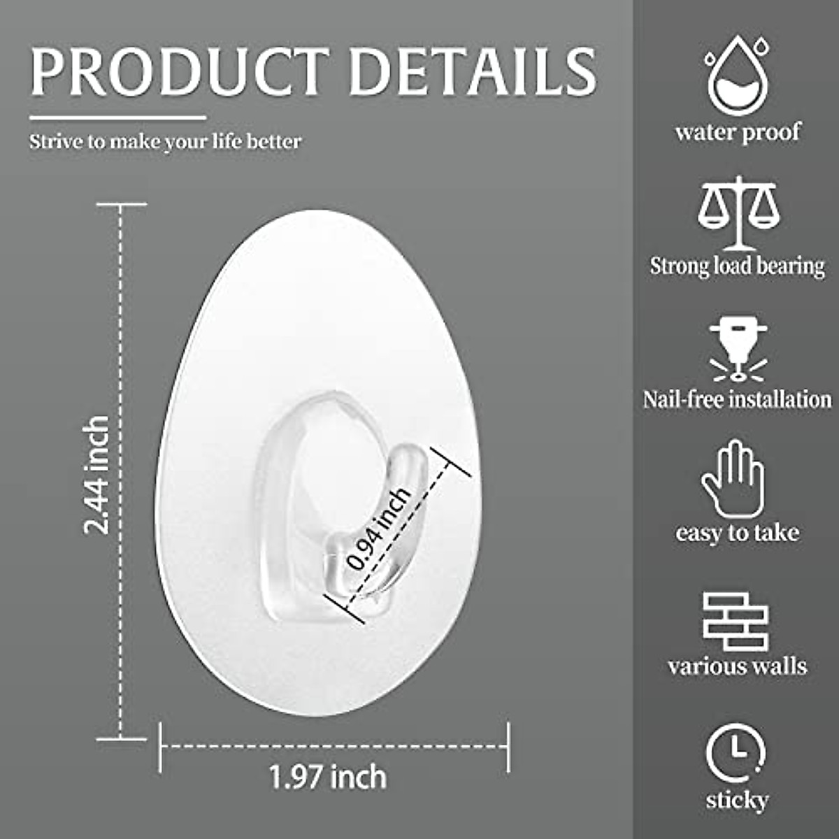 VENUSDALI Wall Hanging Hooks 12 lb (Max) Reusable Heavy Large Self-Adhesive Hook 10 Packaging, Bbathroom Waterproof Sticky Hook, Kitchen Transparent Hook Curtain Door Coat Cap for Easy Organization