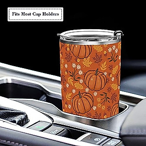 Jihqo Pumpkin Thanksgiving Harvest Tumbler with Lid and Straw, Insulated Stainless Steel Tumbler Cup, Double Walled Travel Coffee Mug Thermal Vacuum Cups for Hot & Cold Drinks 20oz