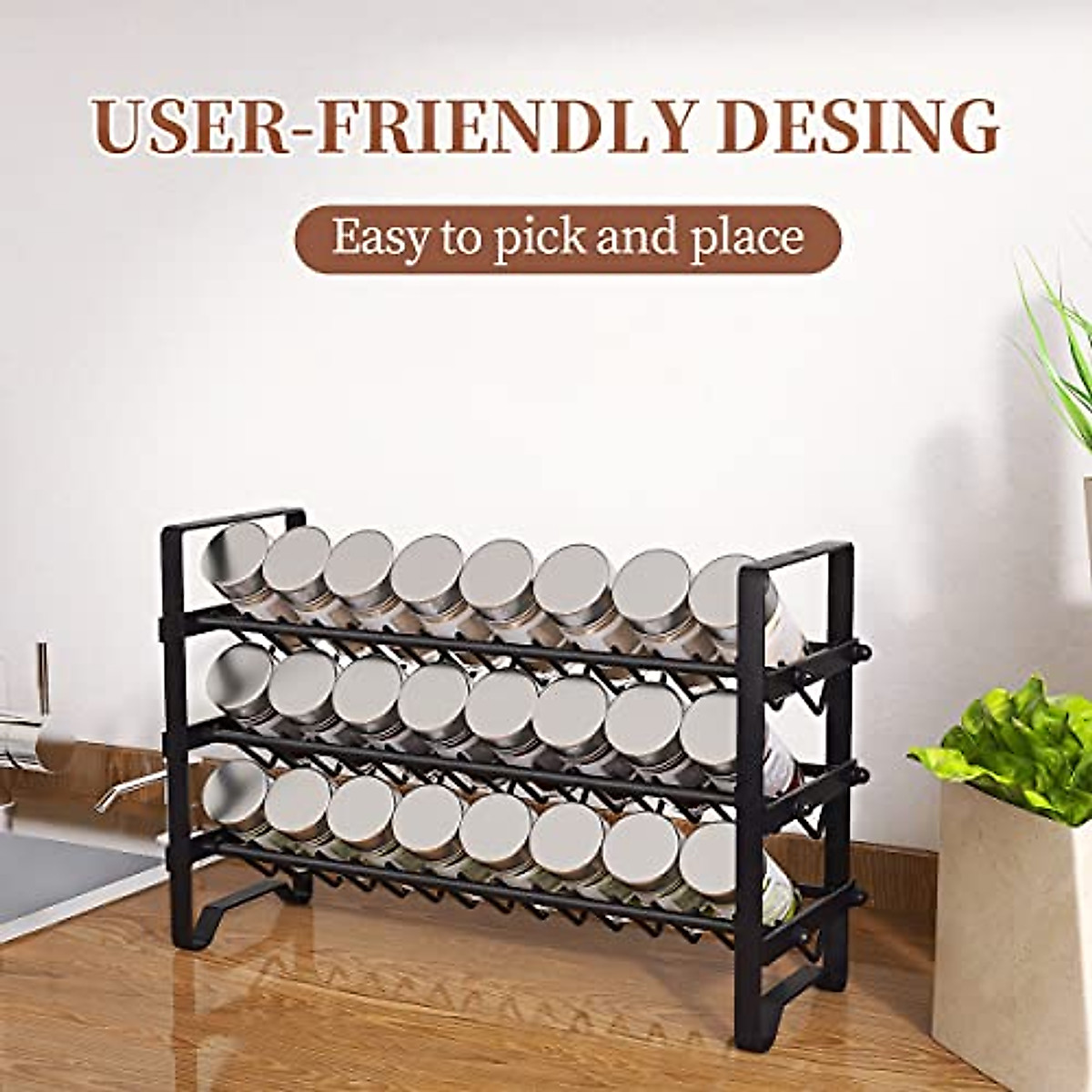 H-SPACE Spice Rack Organizer for Cabinets, 3 Tier Spice Rack Organizer, Removable Countertop Spice Rack, Freestanding Spice Jar Organizer for Kitchen Counter (Black)