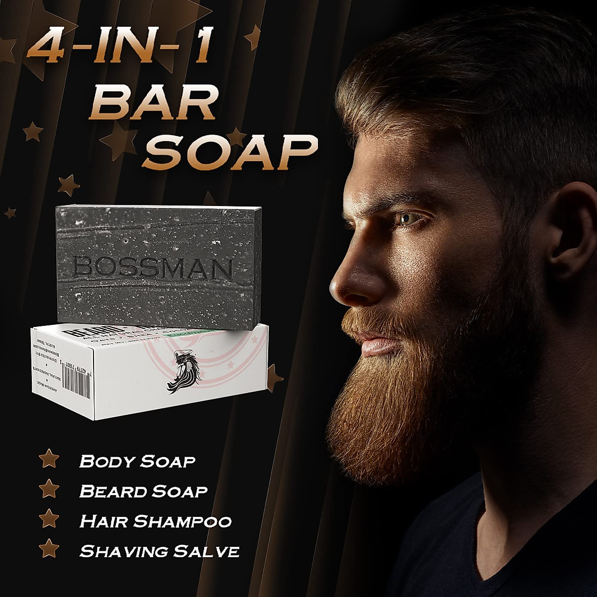 Bossman Men’s Bar Soap 4-in-1 – All Natural Organic Beard Wash, Shampoo, Body Wash, Shaving and Bath Soap - Essential Beard Care (4oz), Scent- Eucalyptus and Tea Tree