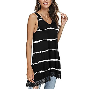 POPYOUNG Women's Summer Sleeveless Tunic Tops to Wear with Leggings V-Neck Flowy Tank Top Casual Shirt, Lace Hem XXL, Stripe Black