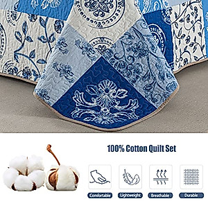 PSL Home- Quilts Queen Size, 100% Cotton Bedspreads Queen Sized, Quilt Sets Coverlet for The Bed, Quilt Bedding Set, Quilted Comforter Bed Spread Prime, Plaid Floral Pattern 3 Pieces (Blue White)