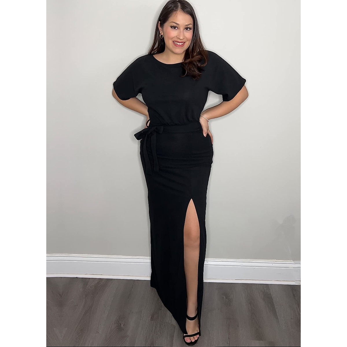 Happy Sailed Womens Batwing Sleeve Tie Waist Long Maxi Dress Side Split Formal Party Dresses Evening Gown Black Medium