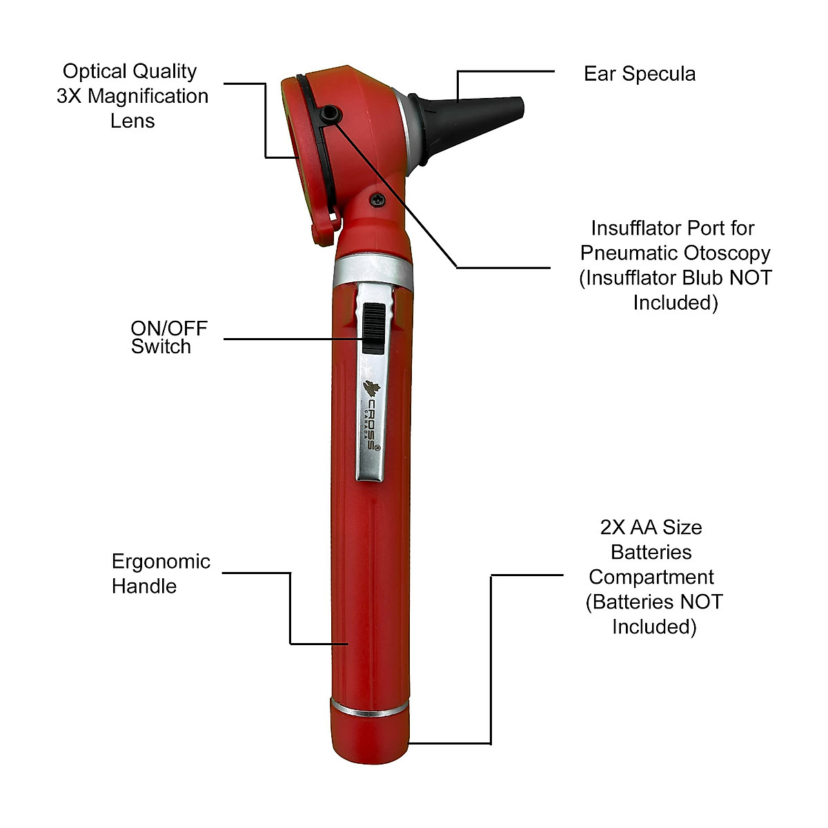 Cross Canada 11-082 Physician Fiber Optic LED Pocket Otoscope Diagnostic Set - Red