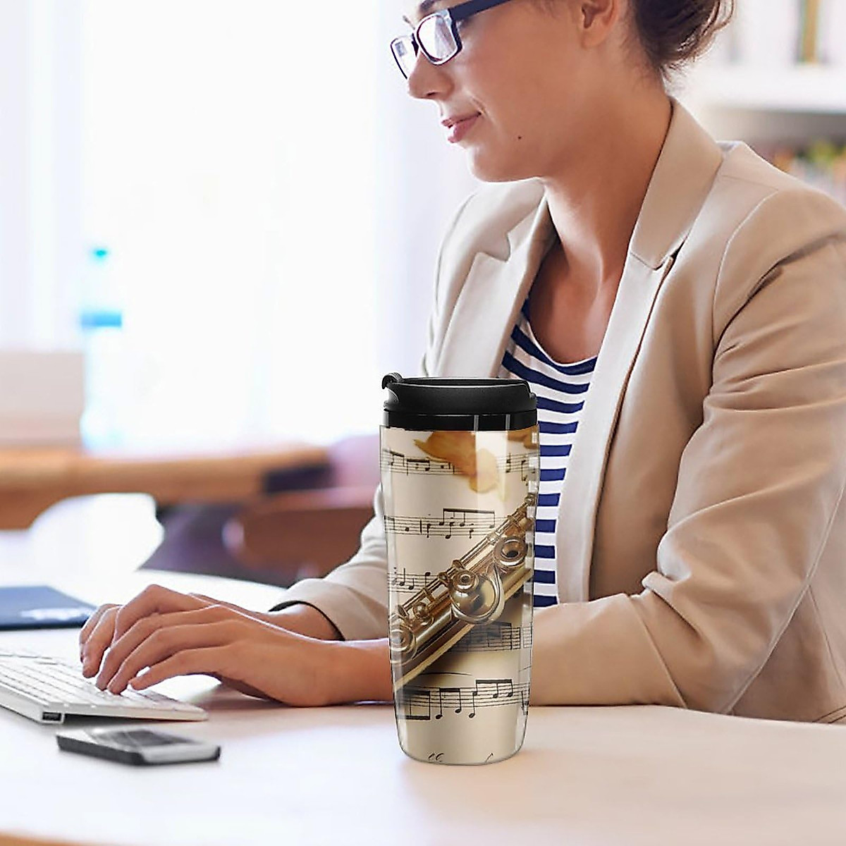 NTVOWPZO Travel Coffee Mug Flute Music Insulated Travel Mug Stainless Steel Coffee Tumbler Travel Coffee Cup Reusable Coffee Cups with Lids for Hot And Cold Drink