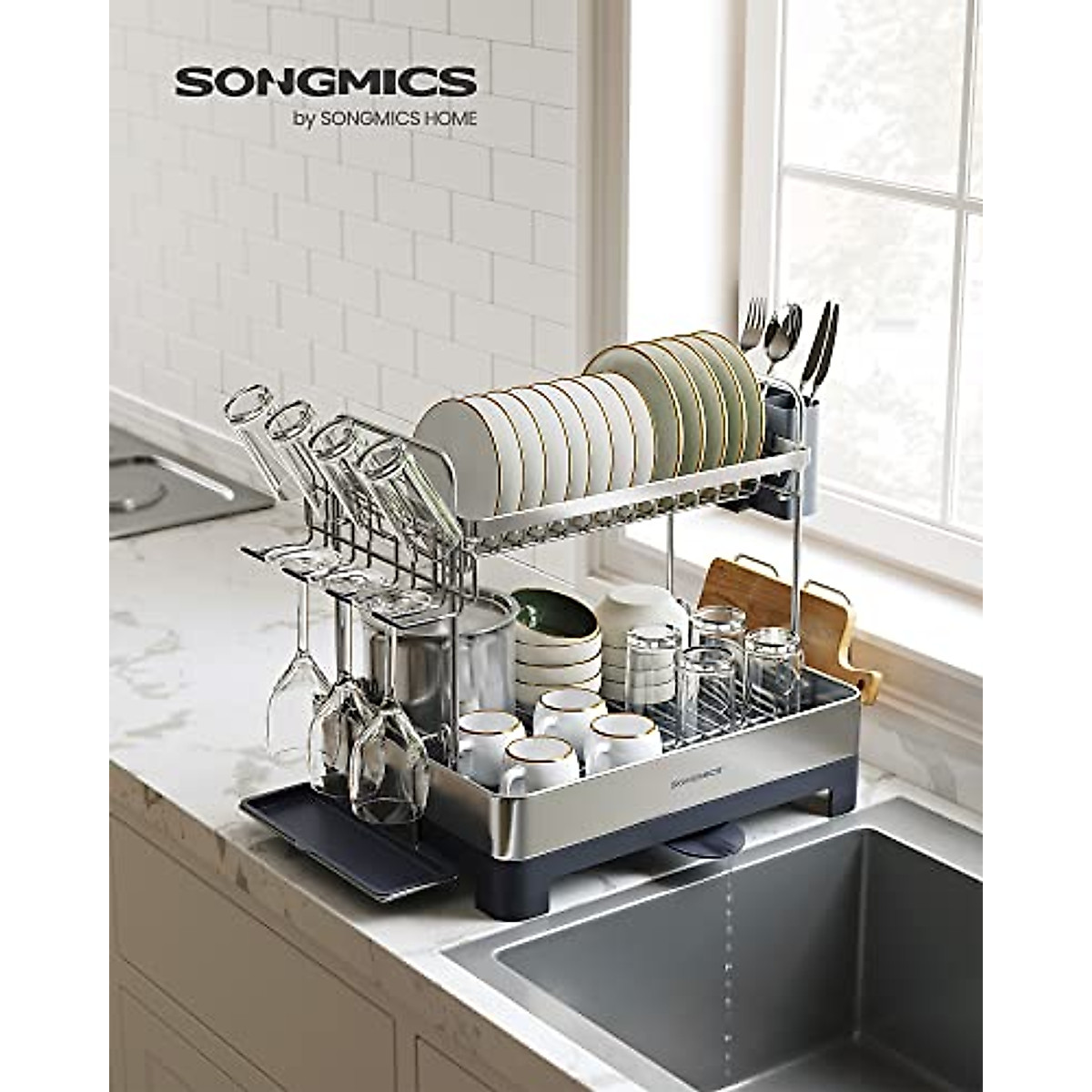 SONGMICS Dish Drying Rack - 2 Tier Dish Rack for Kitchen Counter with Rotatable and Extendable Drain Spout, Dish Drainer with Utensil, Cup, Glass, Cutting Board Holders, Gray UKCS032E01