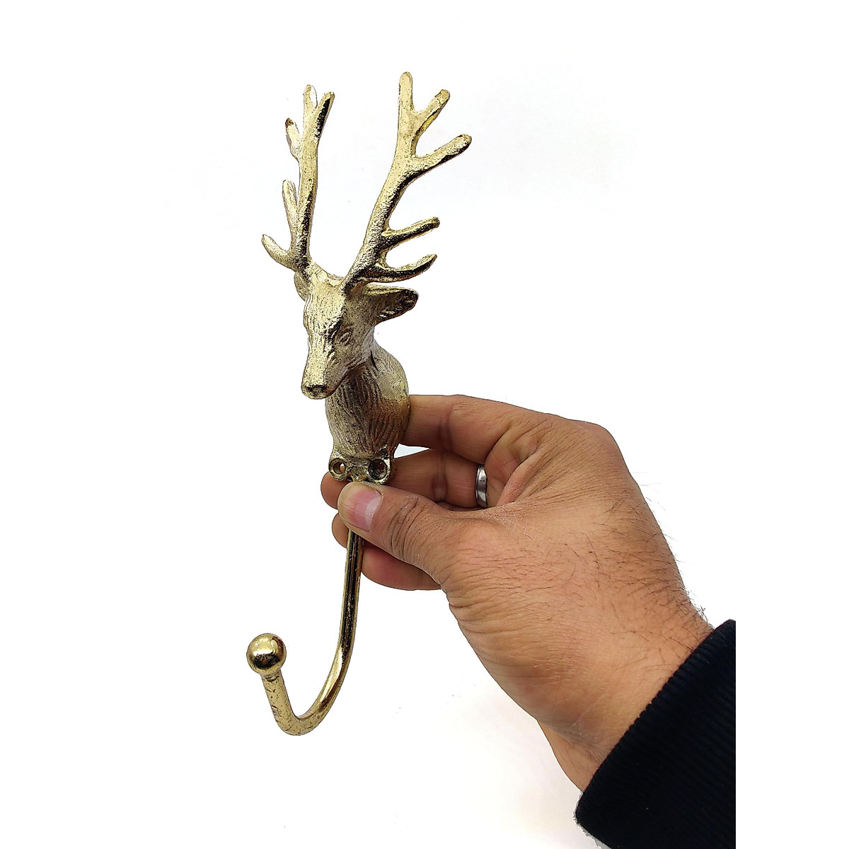 5MOONSUN5 Vintage Deer Head Coat Hook, Heavy Duty Antique Brass, Wall Mounted Animal Collection Deer Single Coat Hook Clothes Rack Wall Hanger, Polish Finish