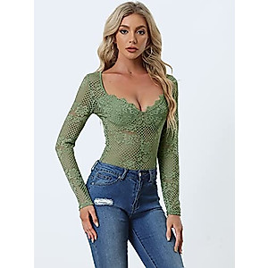 Allegra K Women's Lace Bodysuit Top Long Sleeve Clubwear Sexy V Neck Crotch Leotard Tops Small Green