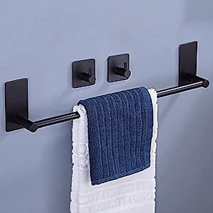 Pomojonbi Towel Holder with 2 Packs Adhesive Hooks 16-Inch Hand Towel Rack Towel Hook Stick on Wall, Bathroom Hardware Black