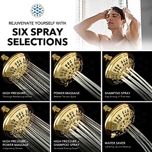 ShowerMaxx, Luxury Spa: ImperialShine Gold Shower Head, 4.5 inch 6 Spray Adjustable High Pressure Showerhead with 360 Degree Tilt, Experience Comfort and Elegance (Polished Brass/ImperialShine Gold)