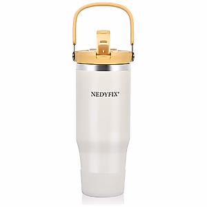 Nedyfix 32 Oz Tumbler with Handle Vacuum Insulated Water Bottle Stainless Steel Tumbler Car Reusable Cup Cold for 12 Hours-Beige White