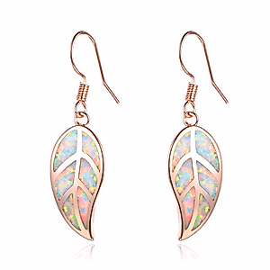 CINily Rose Gold Opal Dangle Earring-Leaf Drop Earrings White Opal Gemstone Dangle Earrings for Women