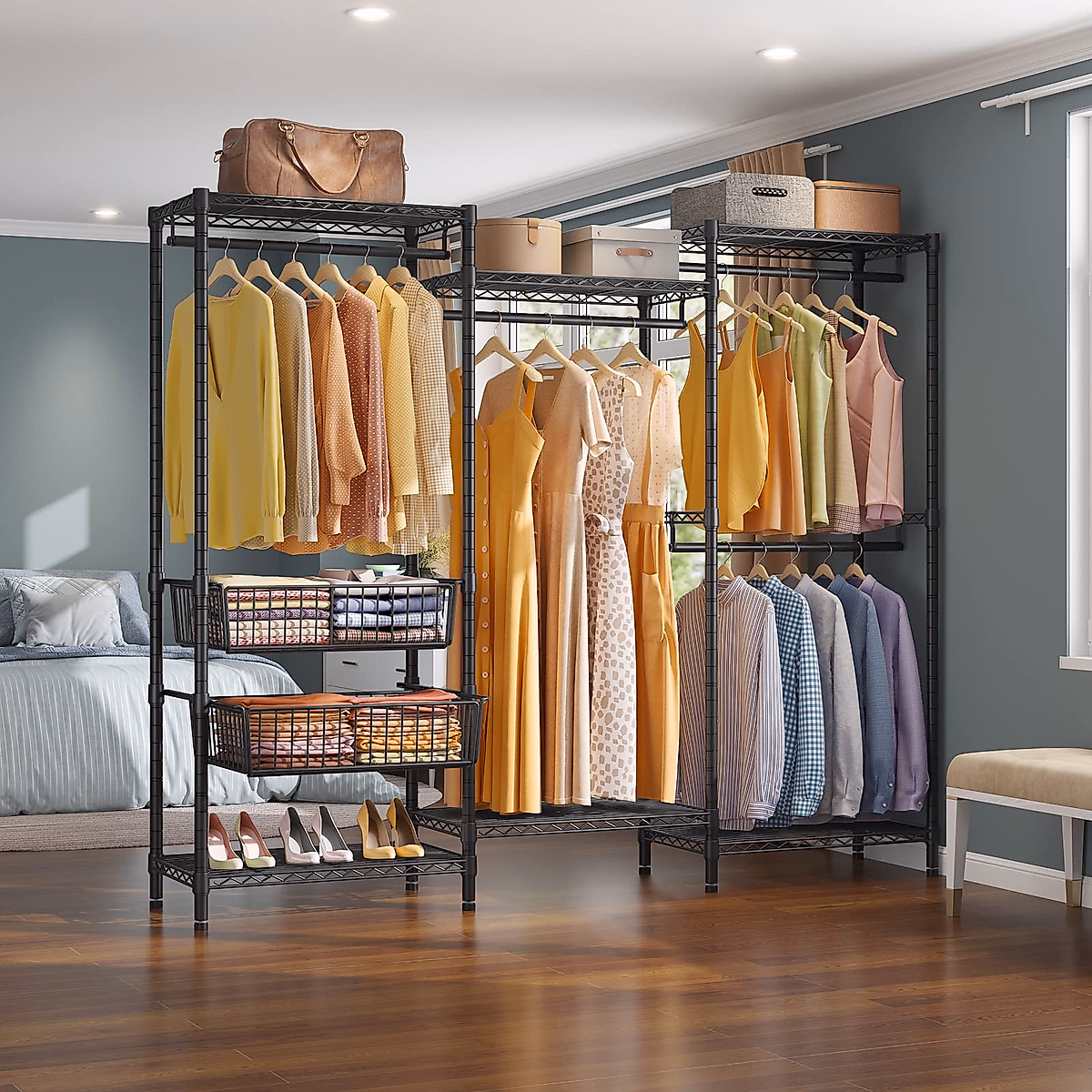 VIPEK V10 Wire Garment Rack Heavy Duty Clothes Rack, Freestanding Closet Wardrobe Metal Clothing Rack with 2 Slid Baskets, 68.9" L x 15.7" W x 76.4" H, Max Load 790lbs, Black