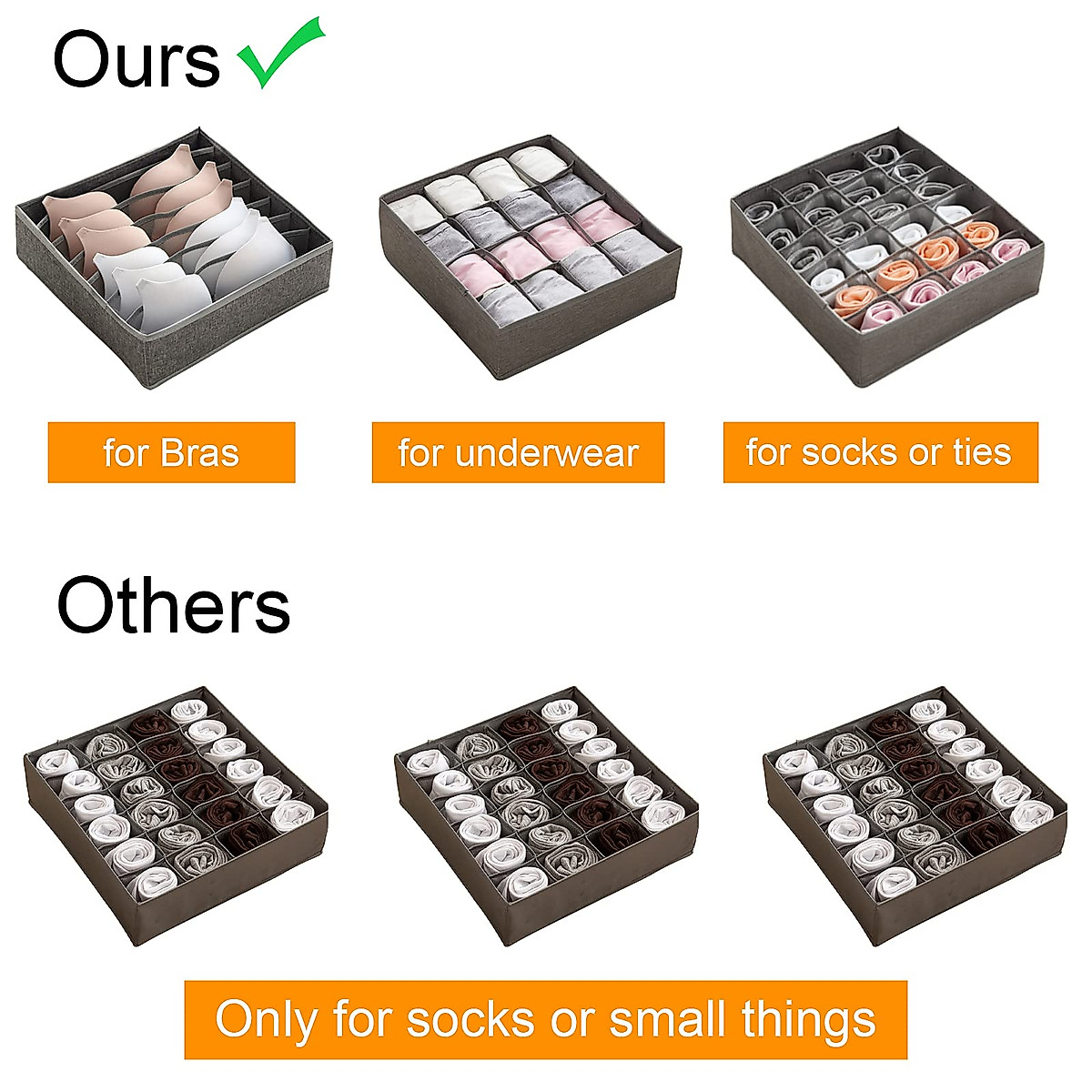 STYLIFING Bra Socks Underwear Organizer 3 Pack, Foldable Closet Organizer Drawer Soft Fabric Dresser Drawer Divider Bins for Bra Underwear Socks Ties Lingerie(Gray)