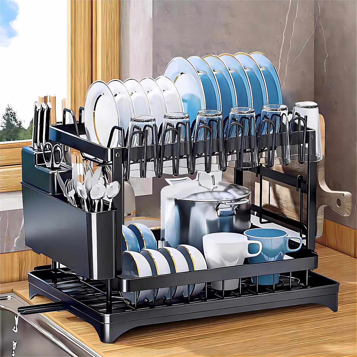 FOXMIND Dish Drying Rack,Space-Saving 2-Tier Dish Drying Rack Kitchen with Drainboard,Rustproof Kitchen Desktop Organizer with Utensil Holder & Cup Holder for Kitchen Counter,11.4''W x 16.5''L,Black