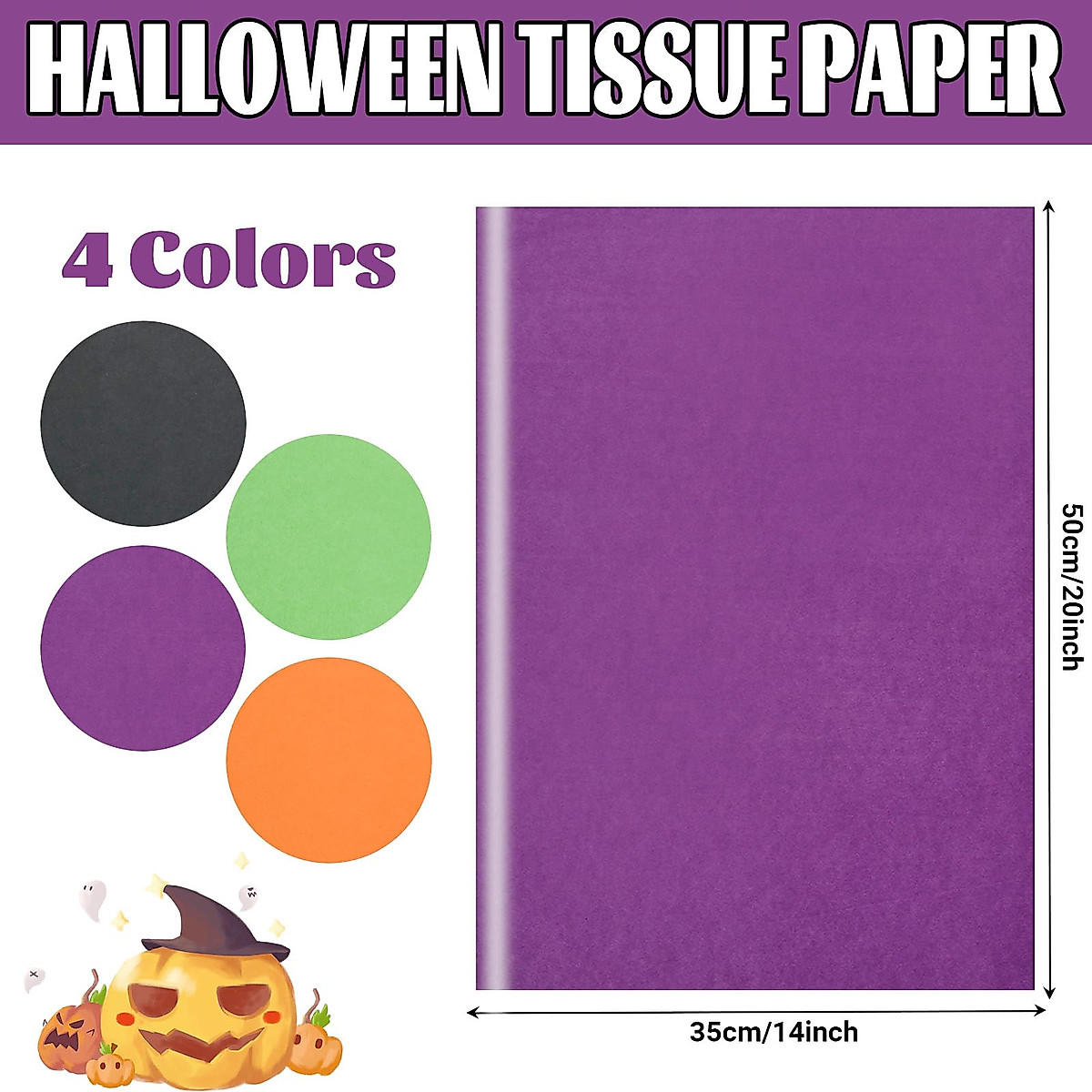 100 Sheets 20 * 14 Inches Halloween Tissue Paper for Gift Wrapping, Green Black Orange Purple Tissue Paper for Gift Bags for Birthday Fall Halloween Thanksgiving Day DIY Craft