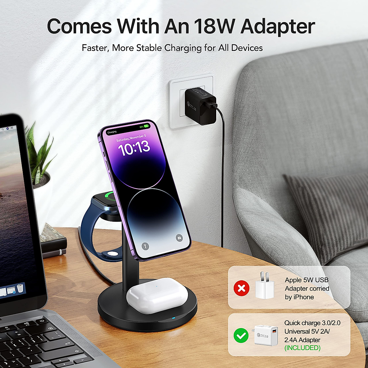 Wireless Charger, 3-in1 Magnetic Charging Station Fast Wireless Mag-Safe Charging Stand (Upgraded Black)