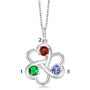Gem Stone King 925 Sterling Silver 4MM Round Gemstone Birthstone 3 Hearts Interlock Pendant Necklace For Women with 18 Inch Silver Chain