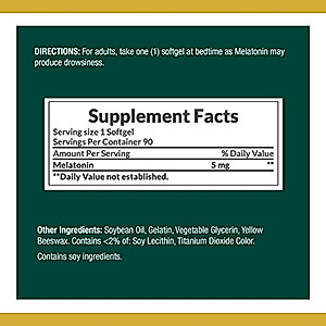 Nature's Bounty Melatonin 100% Drug Free Sleep Aid, Dietary Supplement, Promotes Relaxation and Sleep Health, 5 mg, 90 Count, Pack of 3