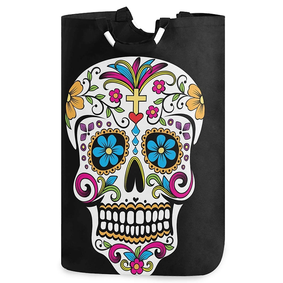 visesunny Sugar Skull Floral Large Laundry Hamper with Handle Foldable Durable Clothes Hamper Laundry Bag Toy Bin for Bathroom, Bedroom, Dorm, Travel