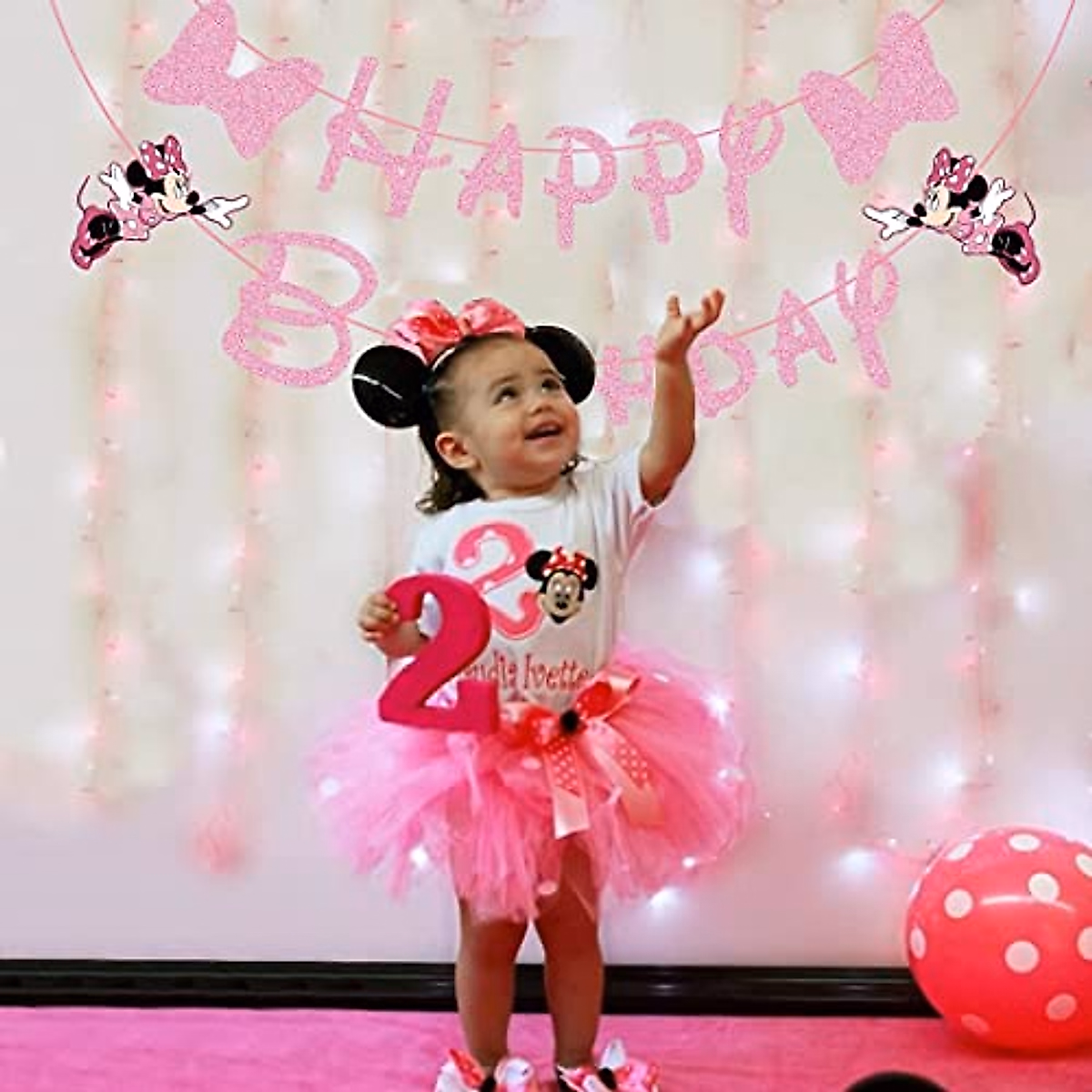 GOGOPARTY Pink Mouse Happy Birthday Banner, Mouse Decoration Pink Themed Birthday Banner For Girl Kids Birthday Party Baby Shower Decorations