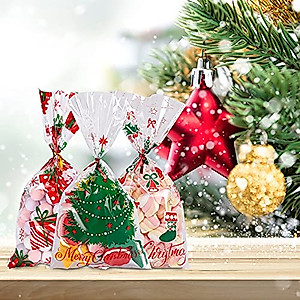 SUPERLELE Christmas Cellophane Bags 168 PCS with 180 PCS Twist Ties 8 Assorted Styles as Gift Box Santa Snowman Pattern Snack Bags for Treat Candy Goodie Christmas Party Supplies