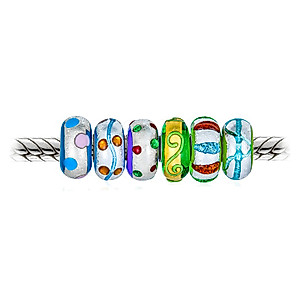 Bundle Set of 6 Murano Glass 3D Lamp Work Multi Color Green Blue Gold Foil Metallic Hand Painted Stripe Dots & Swirl Charm Bead For Women Teen.925 Sterling Silver Fits European Bracelet